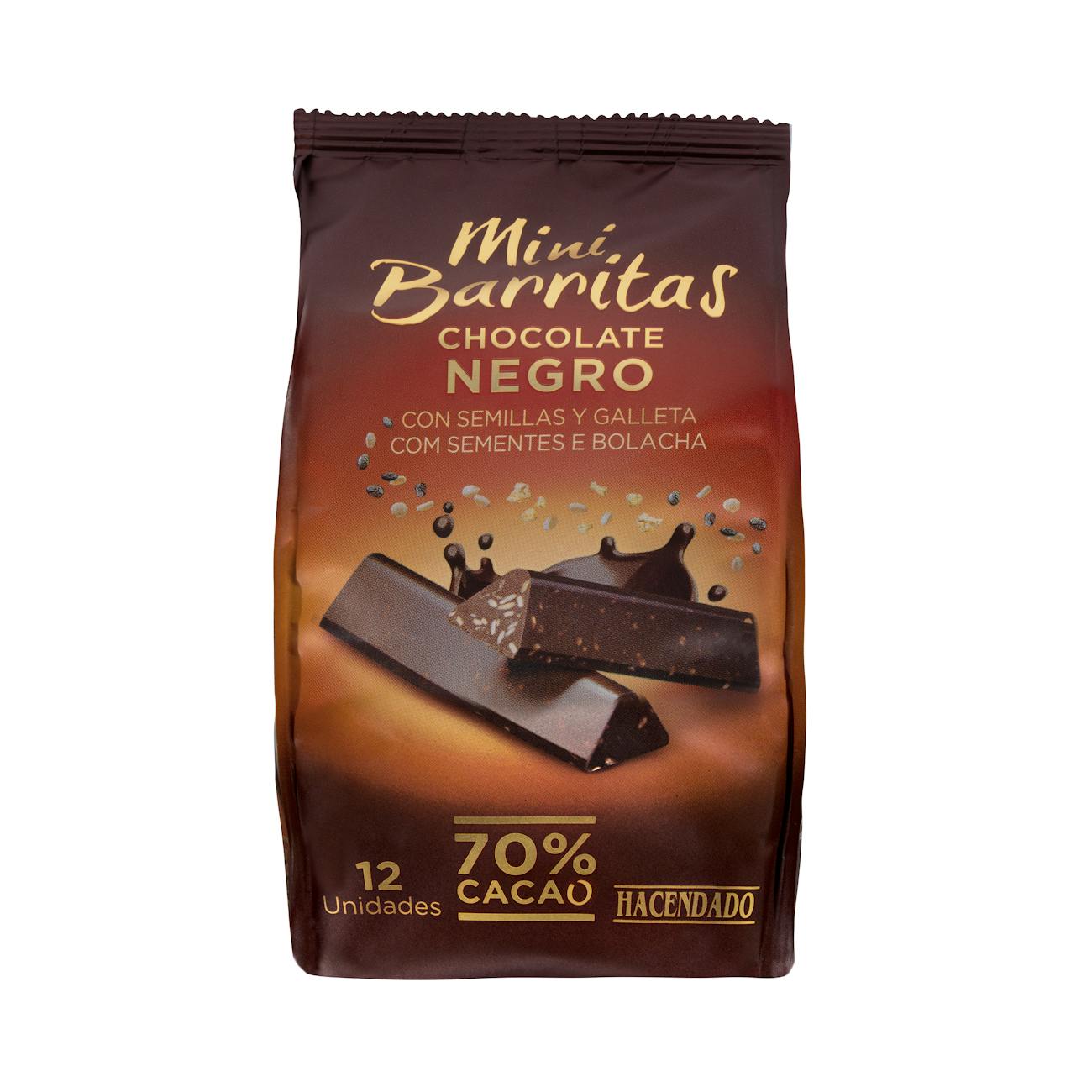 Mini barritas chocolate negro 70% cacao Hacendado con semillas y galleta